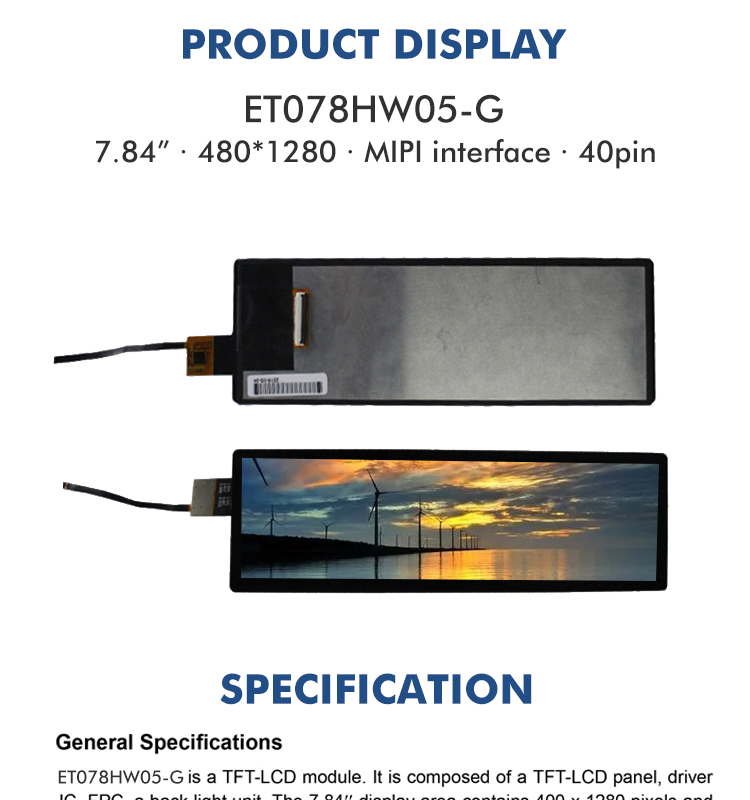 Custom 7.84 Inch Bar Display 480x1280 MIPI Interface IPS Long Strip Screen High Brightness ...