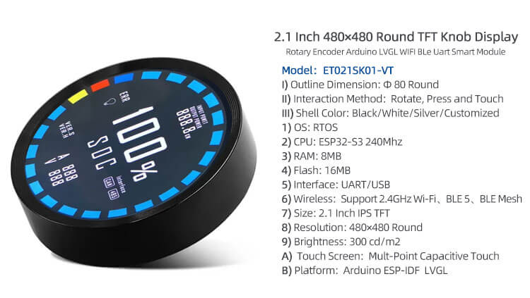 21 Inch 480×480 Round Tft Knob Touch Display Esp32 Rotary Encoder Arduino Lvgl Wifi Ble Uart