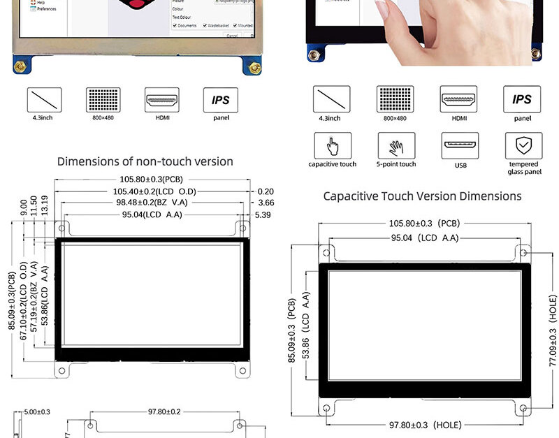 5 Inch Raspberry Pi Display LCD Screen 800x480 Capacitive Touch Screen ...